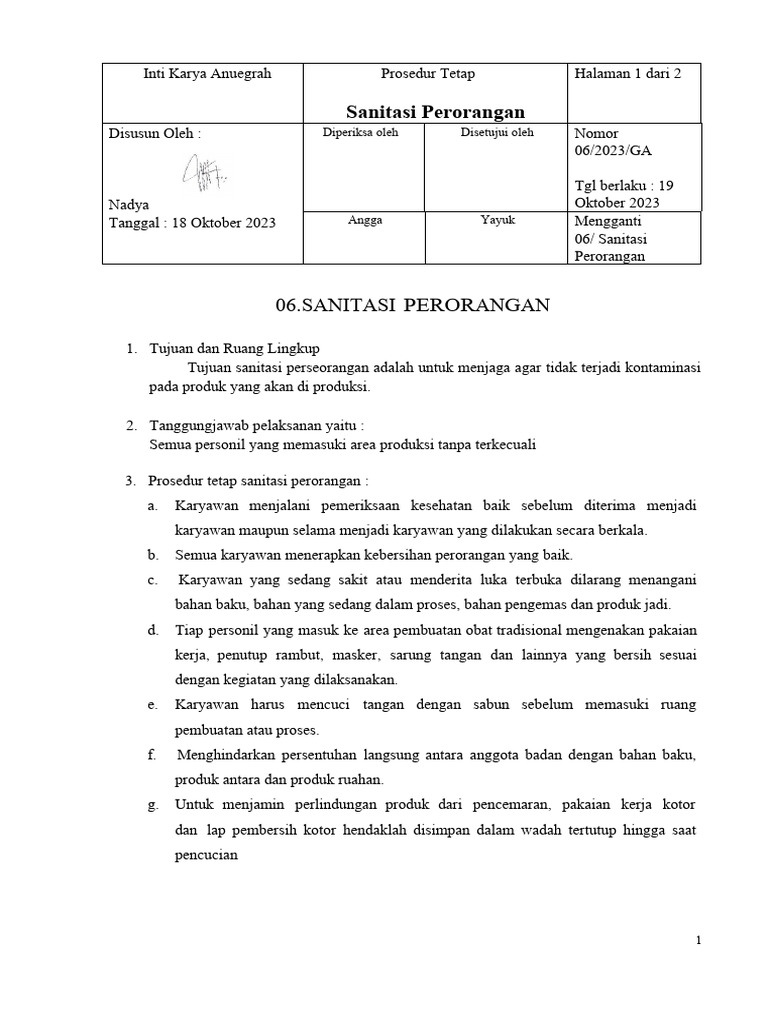 SOP 6 Sanitasi Perorangan | PDF