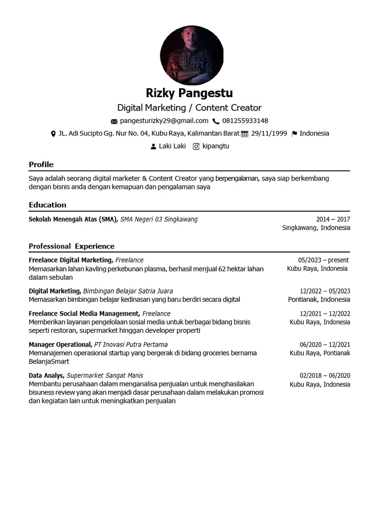 CV RIZKY PANGESTU CONTENT CREATOR Editor | PDF