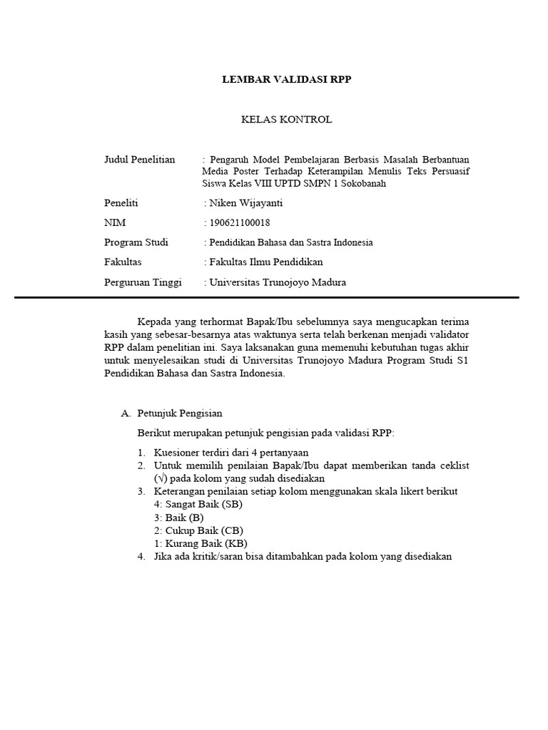 Validasi RPP dan LKPD Pembelajaran Berbasis Masalah | PDF