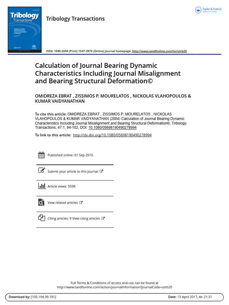 Calculation of Journal Bearing Dynamic Characteristics Including Journal Misalignment and ...