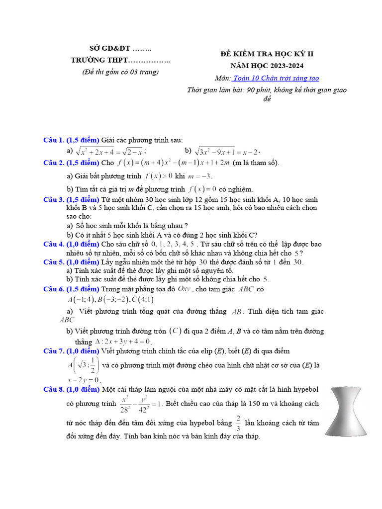 De Thi hk2 Toan 10 CTST de 1 | PDF