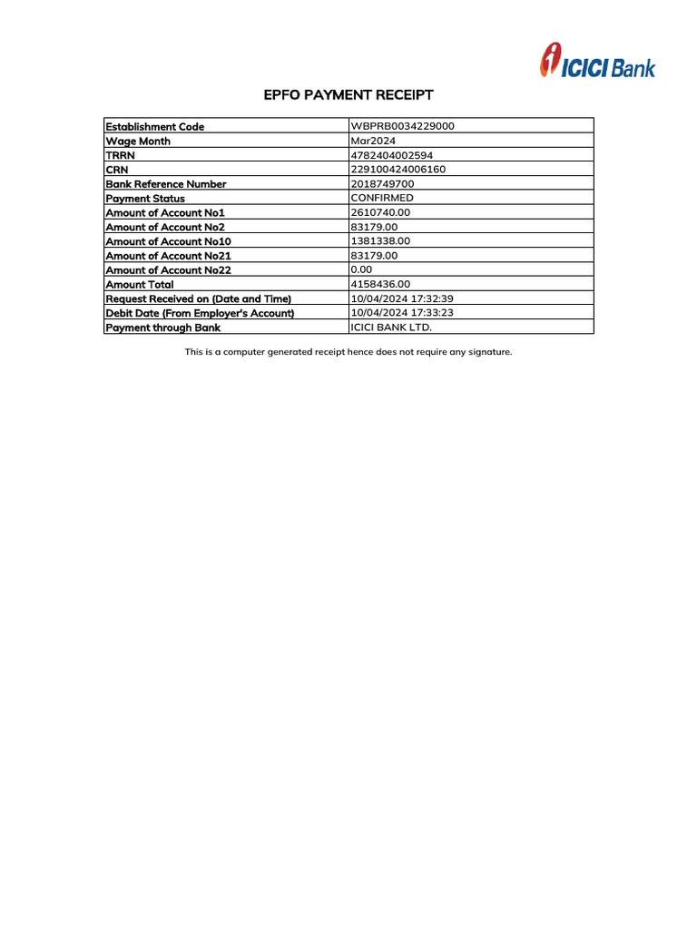 EPFO Payment Receipt for March 2024 | PDF