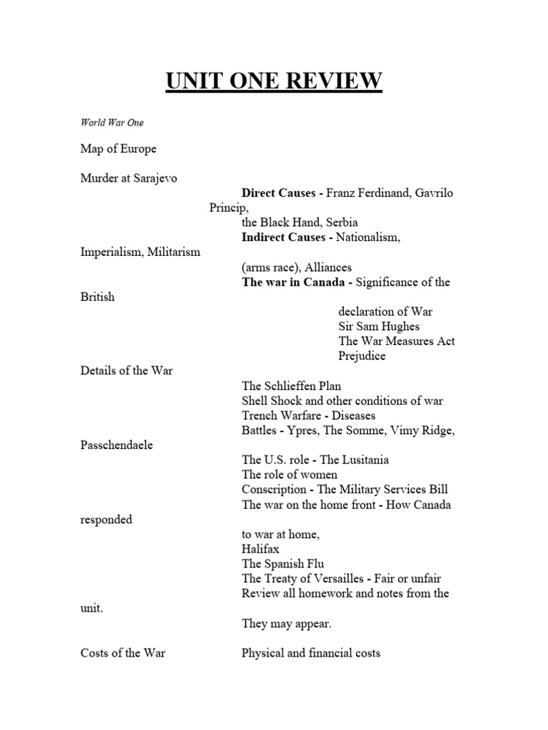 WWI Unit Review: Causes, Battles, Impact | PDF | History