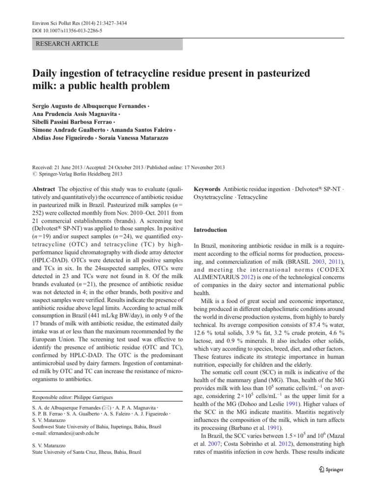 Daily Ingestion of Tetracycline Residue | PDF | Milk | High Performance ...