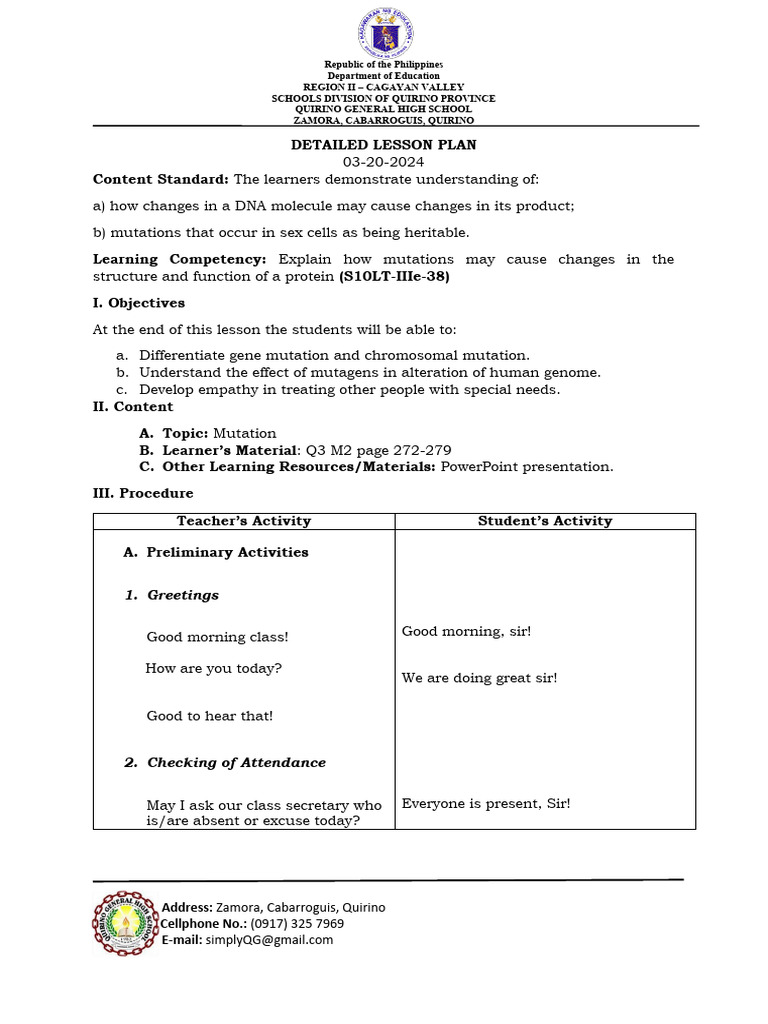 DETAILED LESSON PLAN Mutation1 | PDF | Mutation | Chromosome