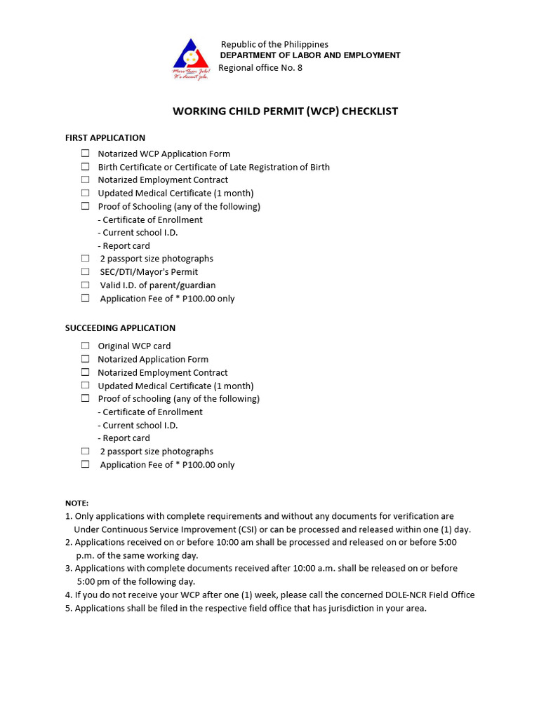 CHECKLIST FOR WORKING CHILD PERMIT - Final | PDF