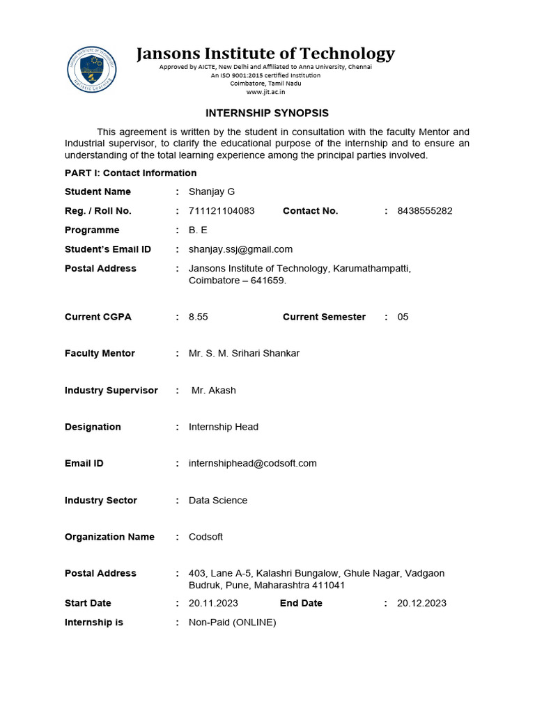 04Internship_synopsis-2 | PDF | Mentorship | Artificial Intelligence