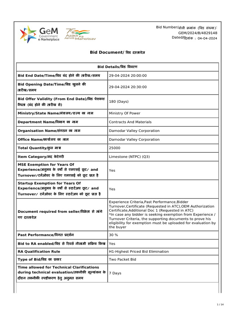 Limestone Bid Details for DVC 2024 | PDF | Economies | Business