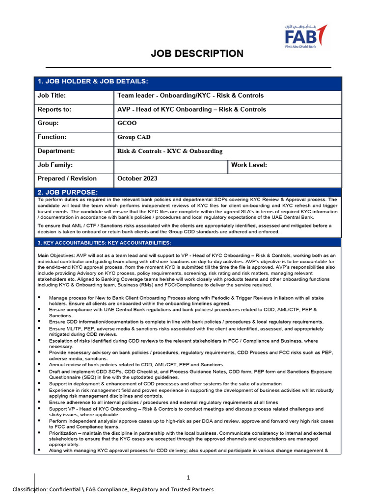 JD - Template - Team Leader KYC Onboarding | PDF | Regulatory ...