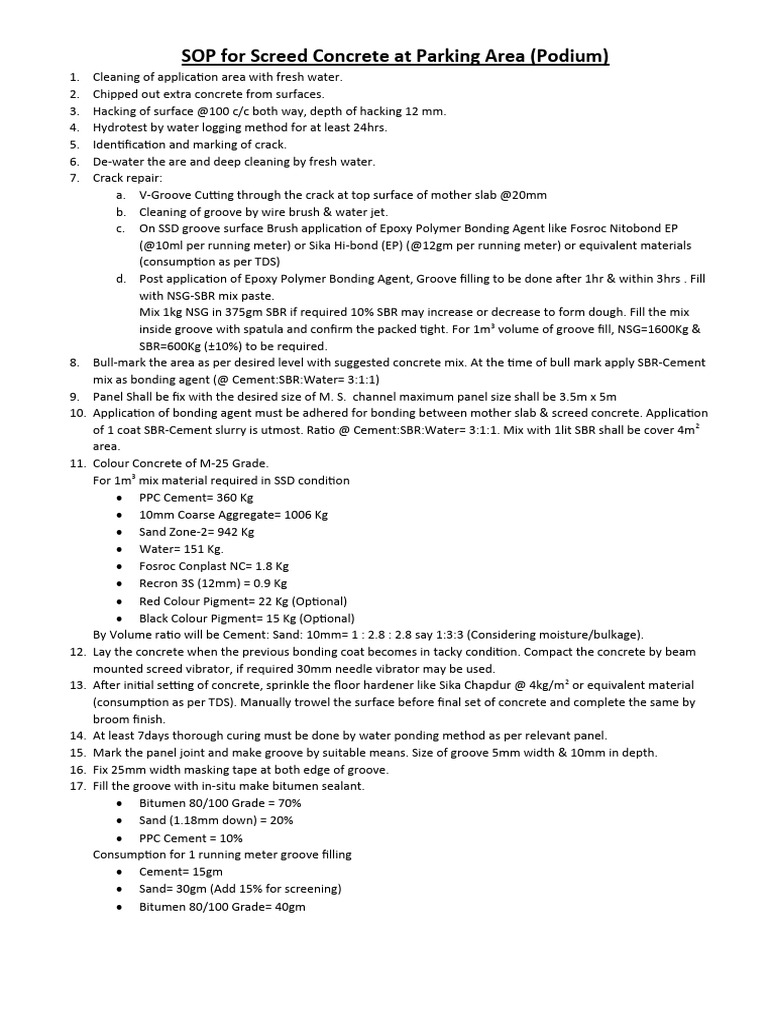 SOP For Screed Concrete at Parking Area | PDF | Concrete | Structural ...