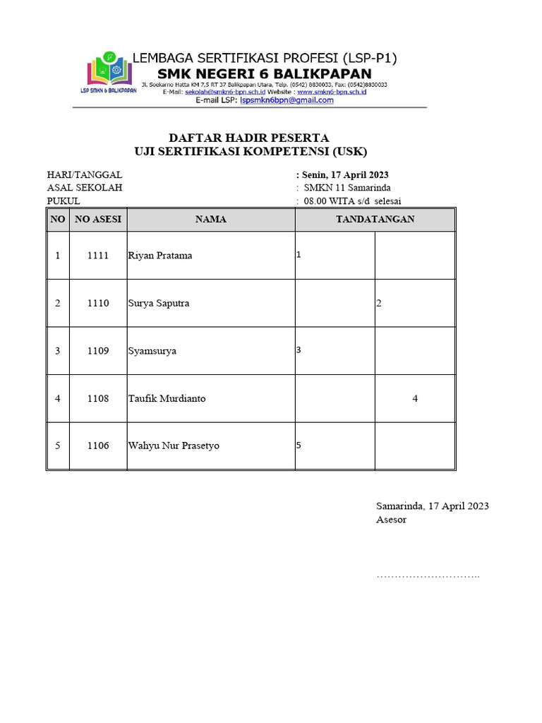 Daftar Hadir LSP | PDF