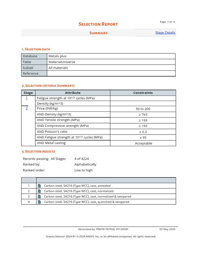 Material Selection Results Summary | PDF | Strength Of Materials | Steel