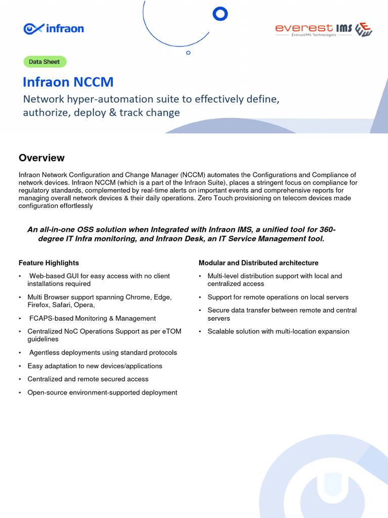 EIMS Infraon NCCM Datasheet | PDF | File Transfer Protocol | Secure Shell