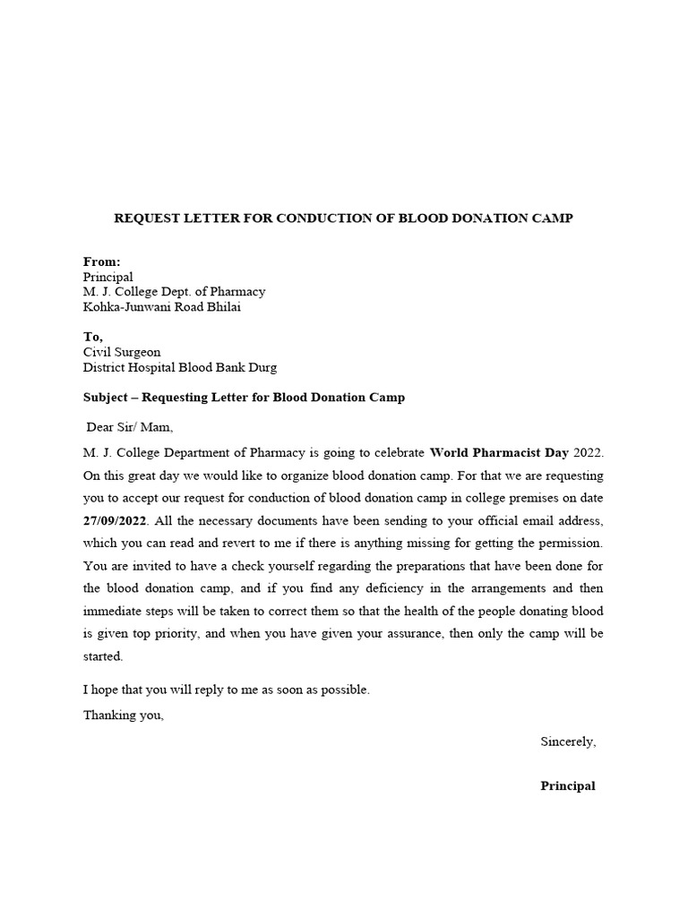 Blood Donation Camp Request Letter | PDF
