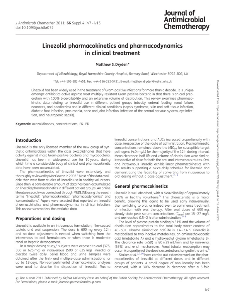 Linezolid Pharmacokinetics and Pharmacodynamics in Clinical Treatment ...