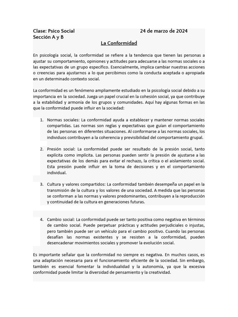 Clase No.8 El Conocimiento Sobre Conformidad Basado en Los Estudios de ...