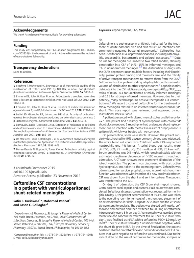 Ceftaroline CSF Concentrations in A Patient With Ventriculoperitoneal Shunt-Related Meningitis ...
