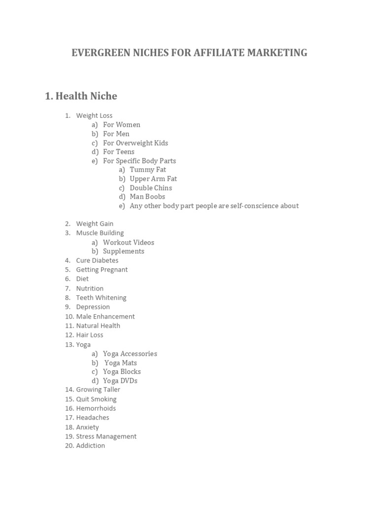 2-Evergreen-Niche-List | PDF | Determinants Of Health | Nutrition