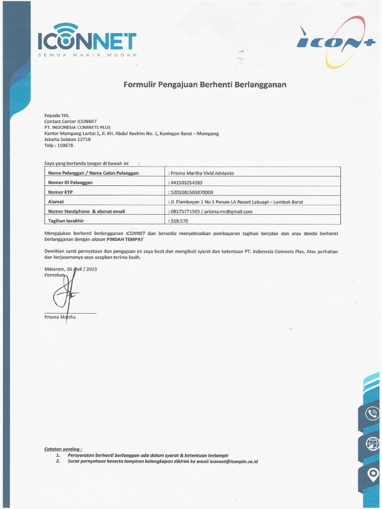 Form Berhenti Langganan ICONNET | PDF