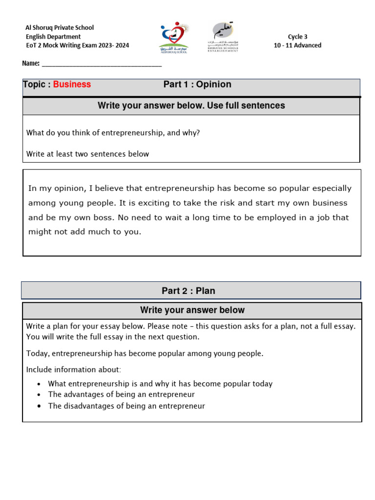 EoT Mock Writing Exams & Answers - T2!23!24 Cycle 3 | Download Free PDF ...