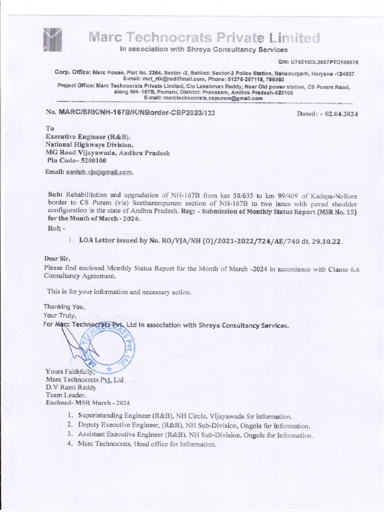 Letter No. 122, Dt. 02.04.2024, Reg - Submission of Monthly Status ...