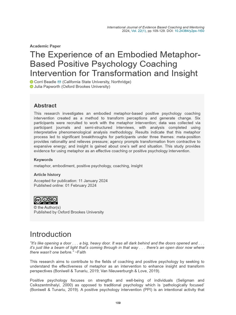 The experience of an embodied metaphor-based positive psychology | PDF ...