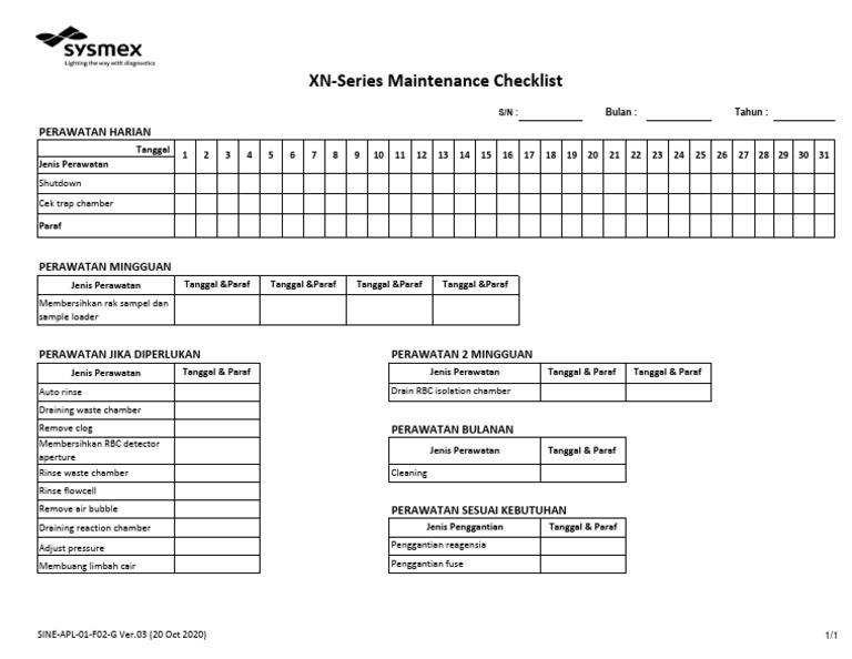 SINE APL 01 F02 Maintenance Checklist XN 1000 | PDF