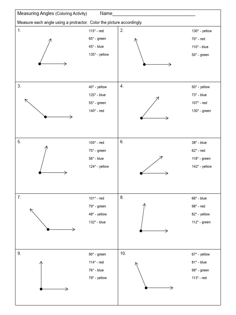 Measuring Angles Coloring Activity | PDF | Angle | Geometric Measurement