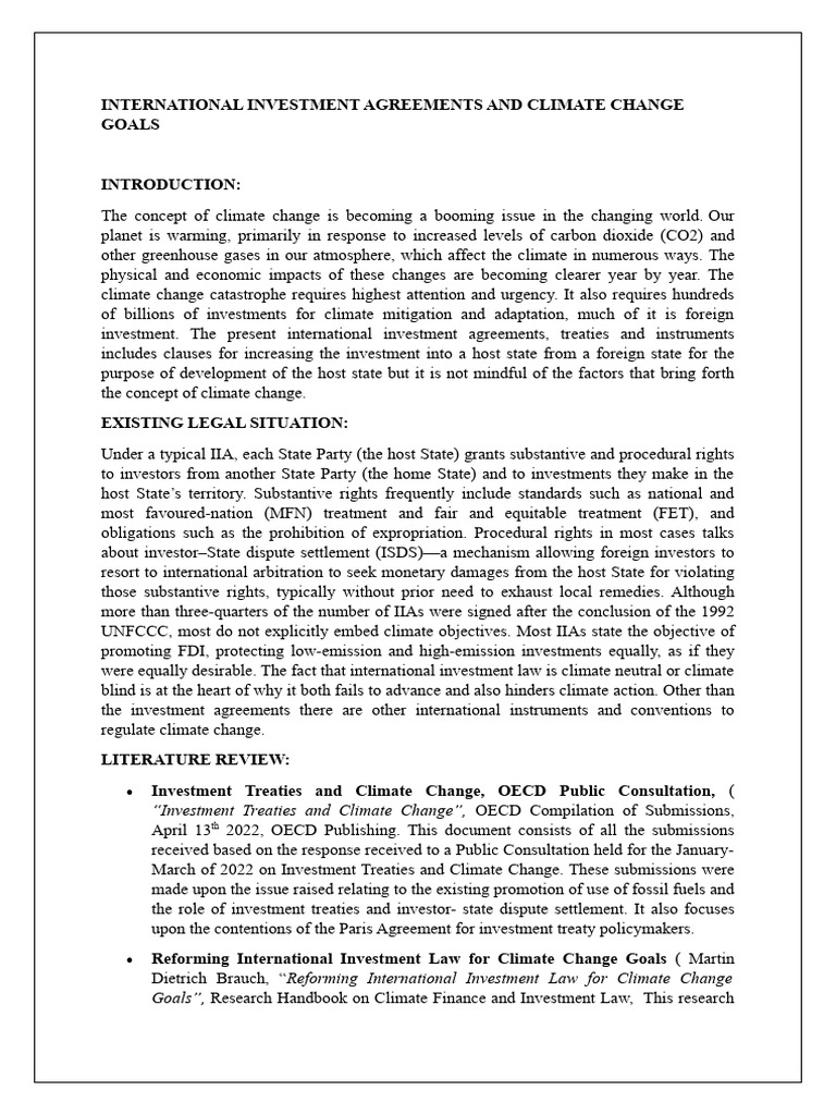 INTERNATIONAL INVESTMENT AGREEMENTS AND CLIMATE CHANGE GOALS Synopsis ...