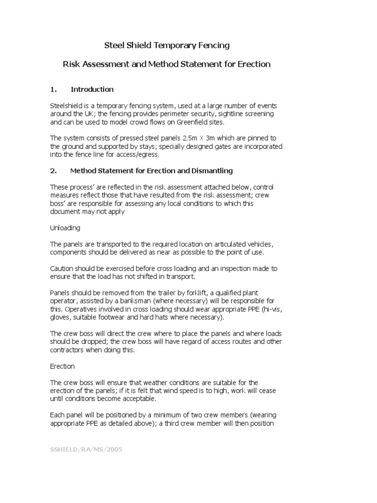 Steel Shield Temporary Fencing Risk Assessment and Method Statement For ...