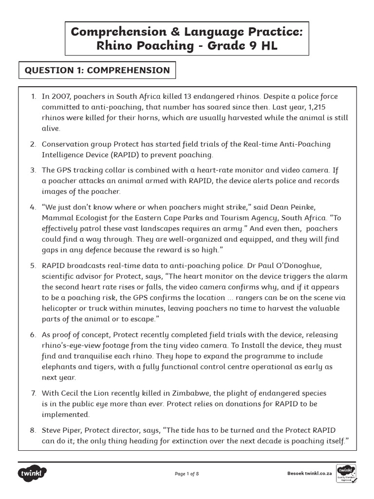 Year 8-Comprehension-Language-Practice 2 | PDF | Poaching | Crime ...