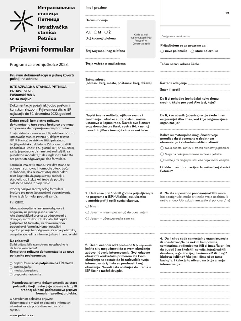 ISP Prijavni Formular 2023 | PDF