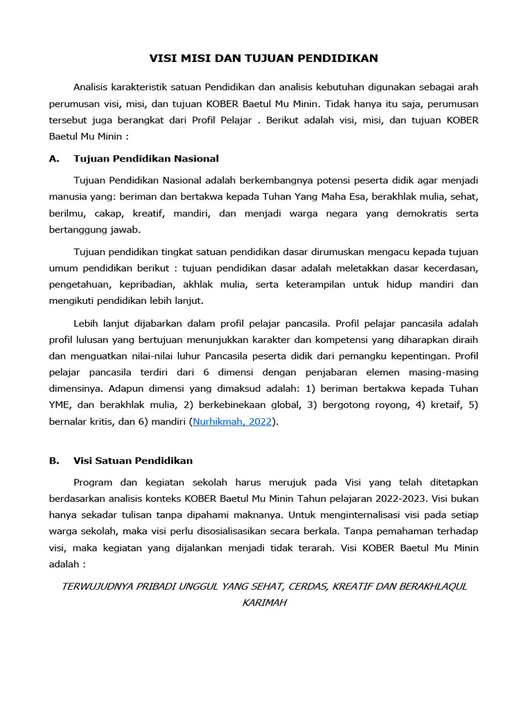 VISI MISI DAN TUJUAN PENDIDIKAN KB Baetul Muminin | PDF