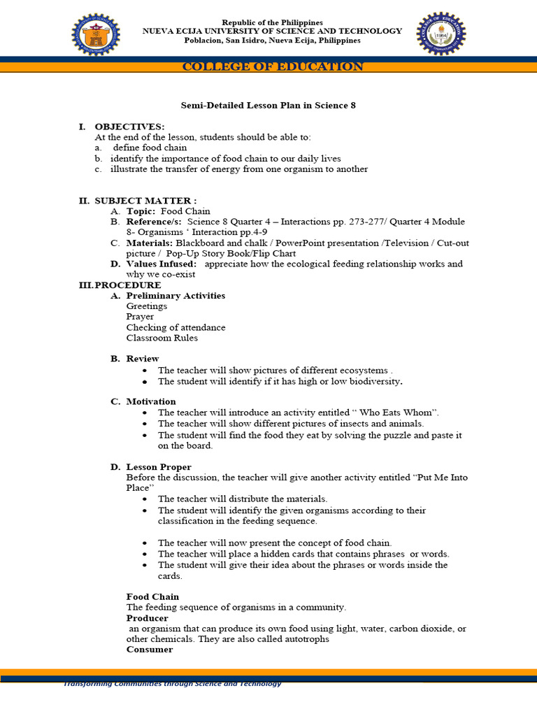 Science 8 Lesson Plan: Food Chain | PDF | Biology | Ecology