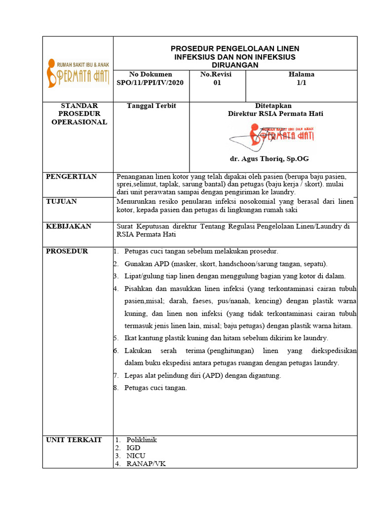 Spo Pengelolaan Linen Infeksius Dan Non Infeksius Diruangan | PDF