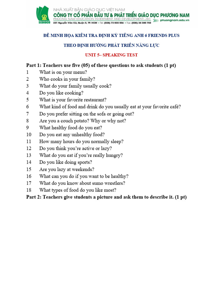 Tiếng anh 6 Friends Plus - Unit 5 - Speaking Test | PDF
