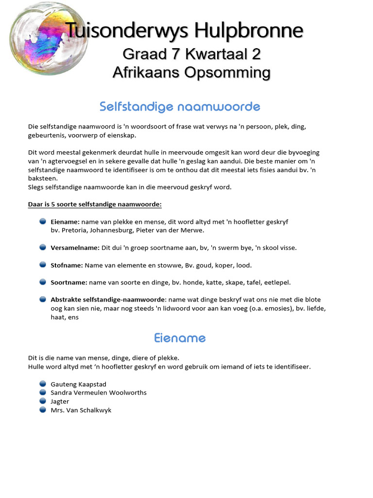 Graad 7 Kwartaal 2 Afrikaans Opsomming | PDF
