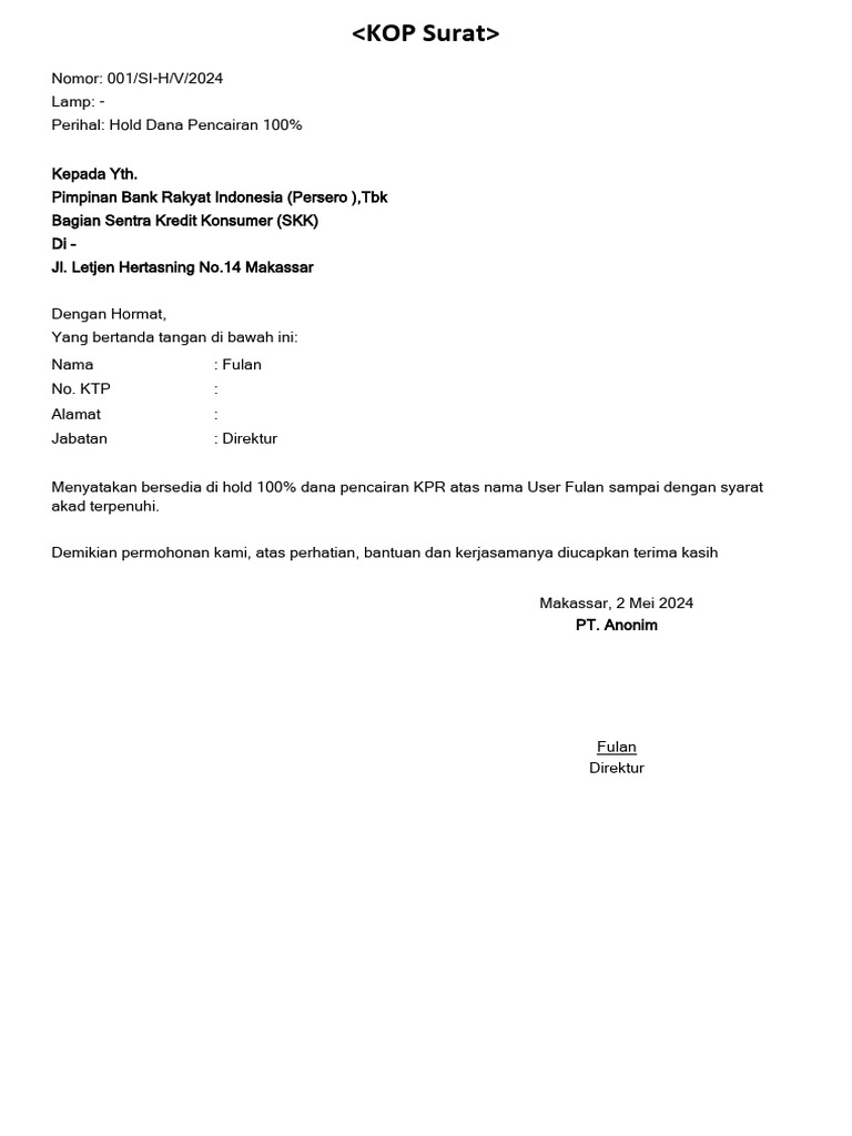 Contoh Surat Hold Dana | PDF