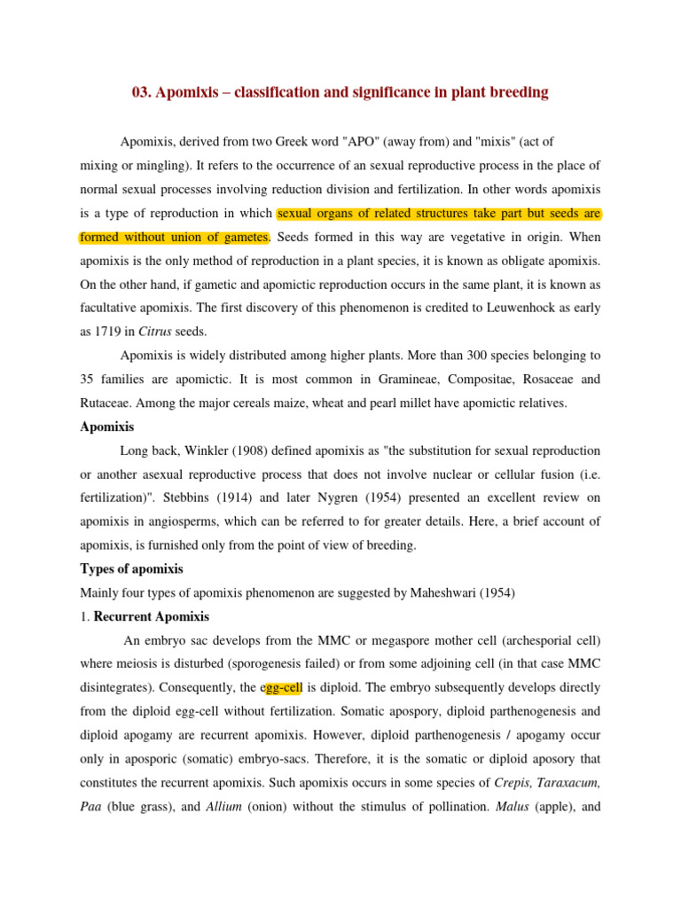 Apomixis - Classification and Significance in Plant Breeding | PDF ...