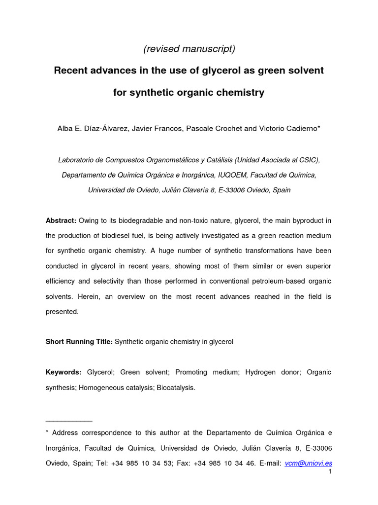 Glycerol As Green Solvent | PDF | Hydrogenation | Catalysis