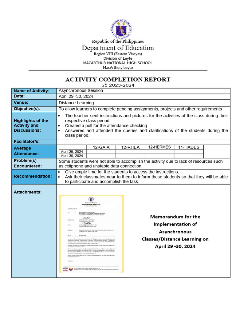 ACR For ASYNCH Classes For April 8 To 30 | PDF