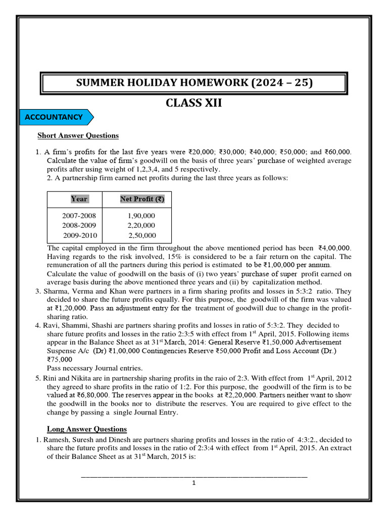 XII Holiday HW 2024-25 | PDF | Dominance (Genetics) | Goodwill (Accounting)