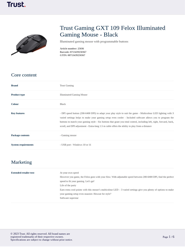 25036-Trust Gaming-GXT 109 Felox - Datasheet - en | PDF | Office ...