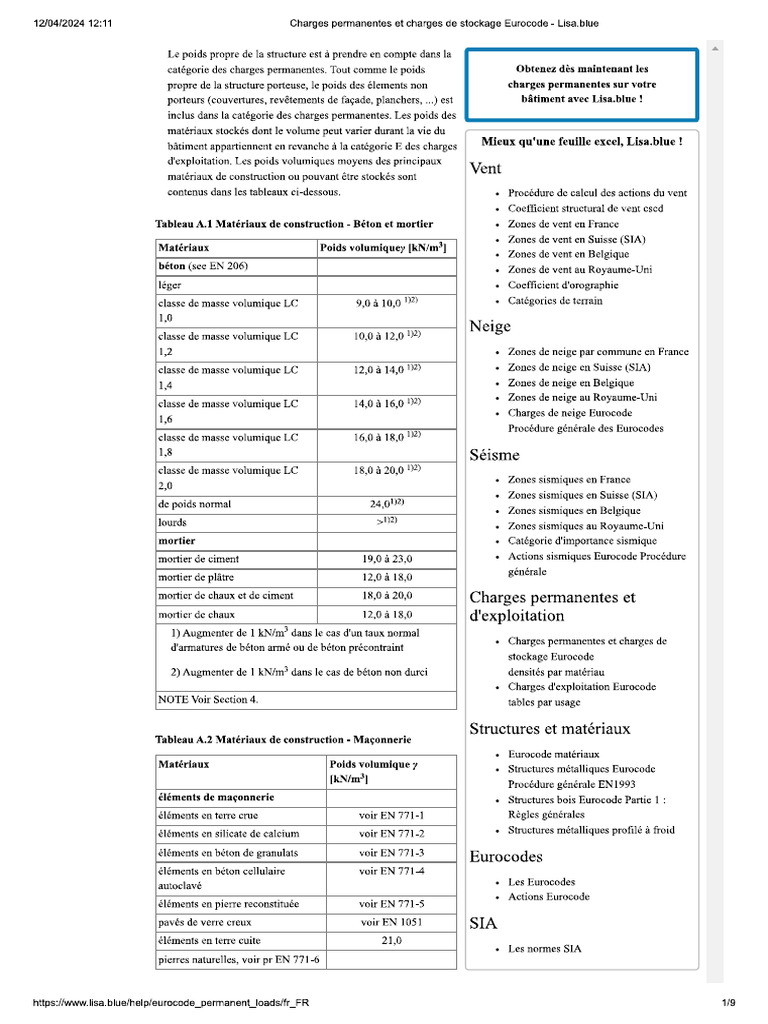 Charges Permanentes Et Charges de Stockage Eurocode - Lisa | PDF
