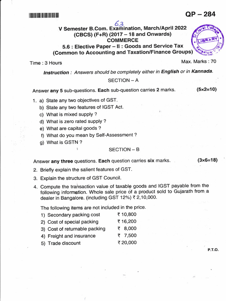 GST Examination Paper for B.Com Students | PDF | Value Added Tax | Taxes