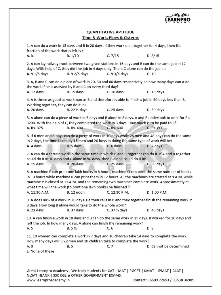 Quantitative Aptitude: Time & Work Problems | PDF | Career & Growth
