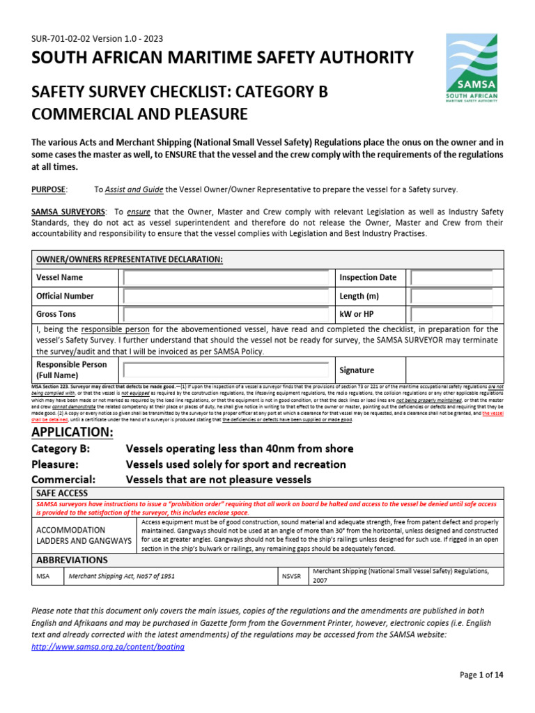 SAMSA Safety Survey Checklist for Vessels | PDF