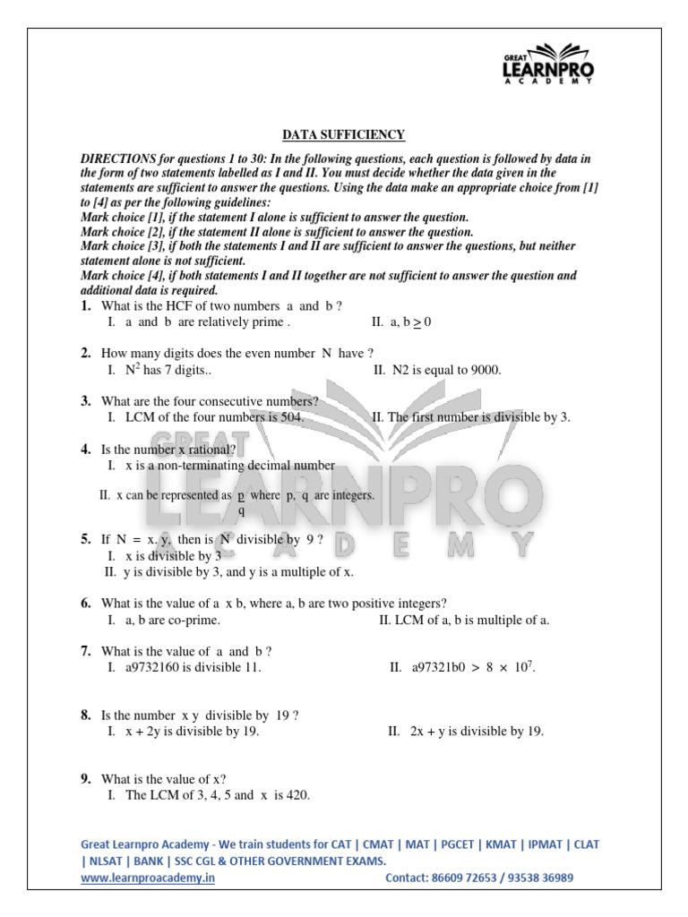 Data Sufficiency | PDF | Numbers | Integer