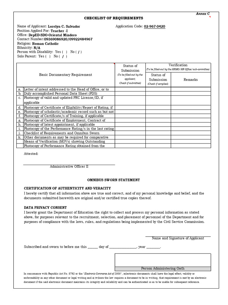 Teacher Application Requirements Checklist | PDF | Verification And ...