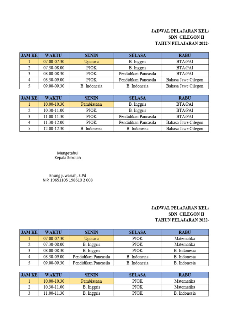 Jadwal Pelajaran 2c, B, D INSYALLAH FIKS | PDF